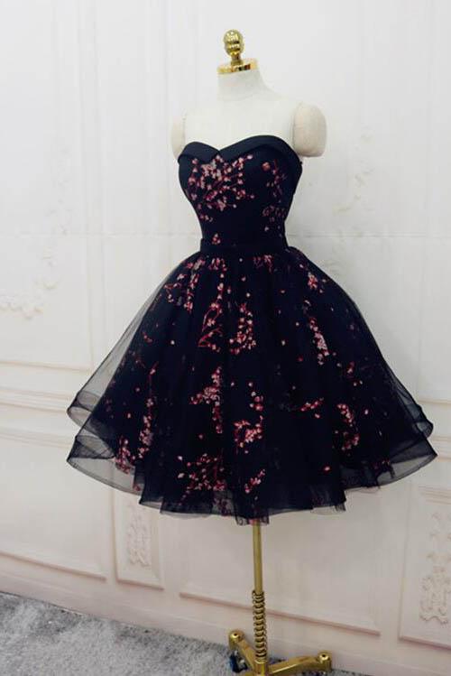 Black Cute Sweetheart Tulle Formal Dresses, Puffy Strapless Appliqued ...